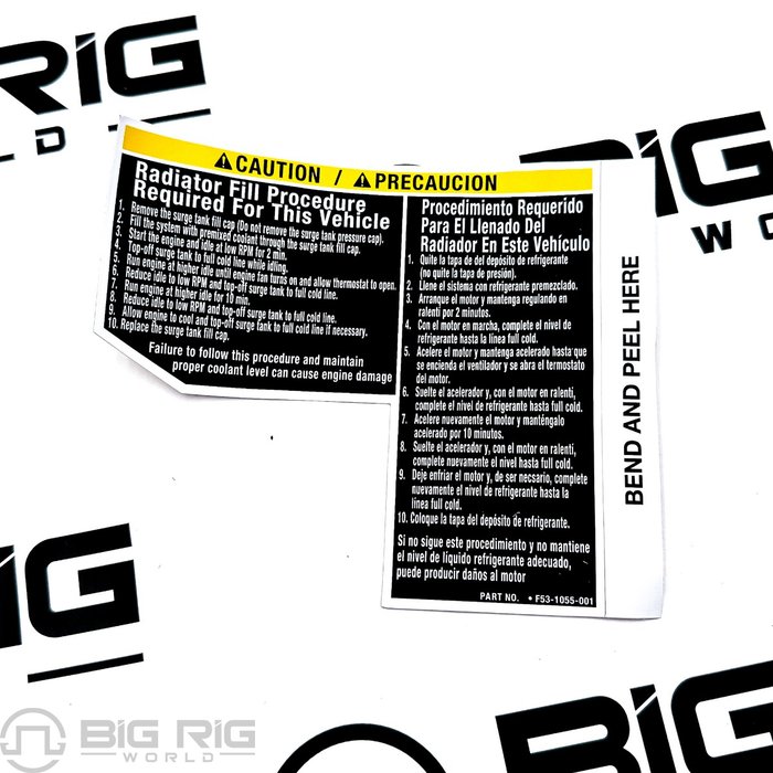 English/Spanish Radiator Fill Label F53-1055-001 - OEM - Paccar - Big ...